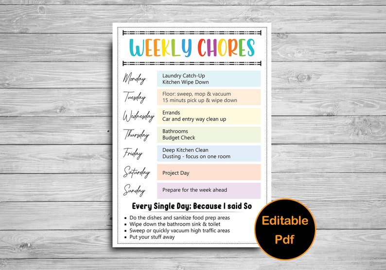 Weekly Chores Chart, Printable Editable Daily & Weekly Kids Chore ...
