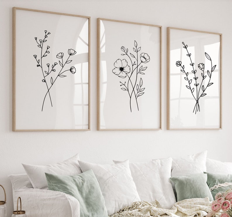 Minimalist Flower Line Art Prints: Set of 3 Botanical Wall Decor ...