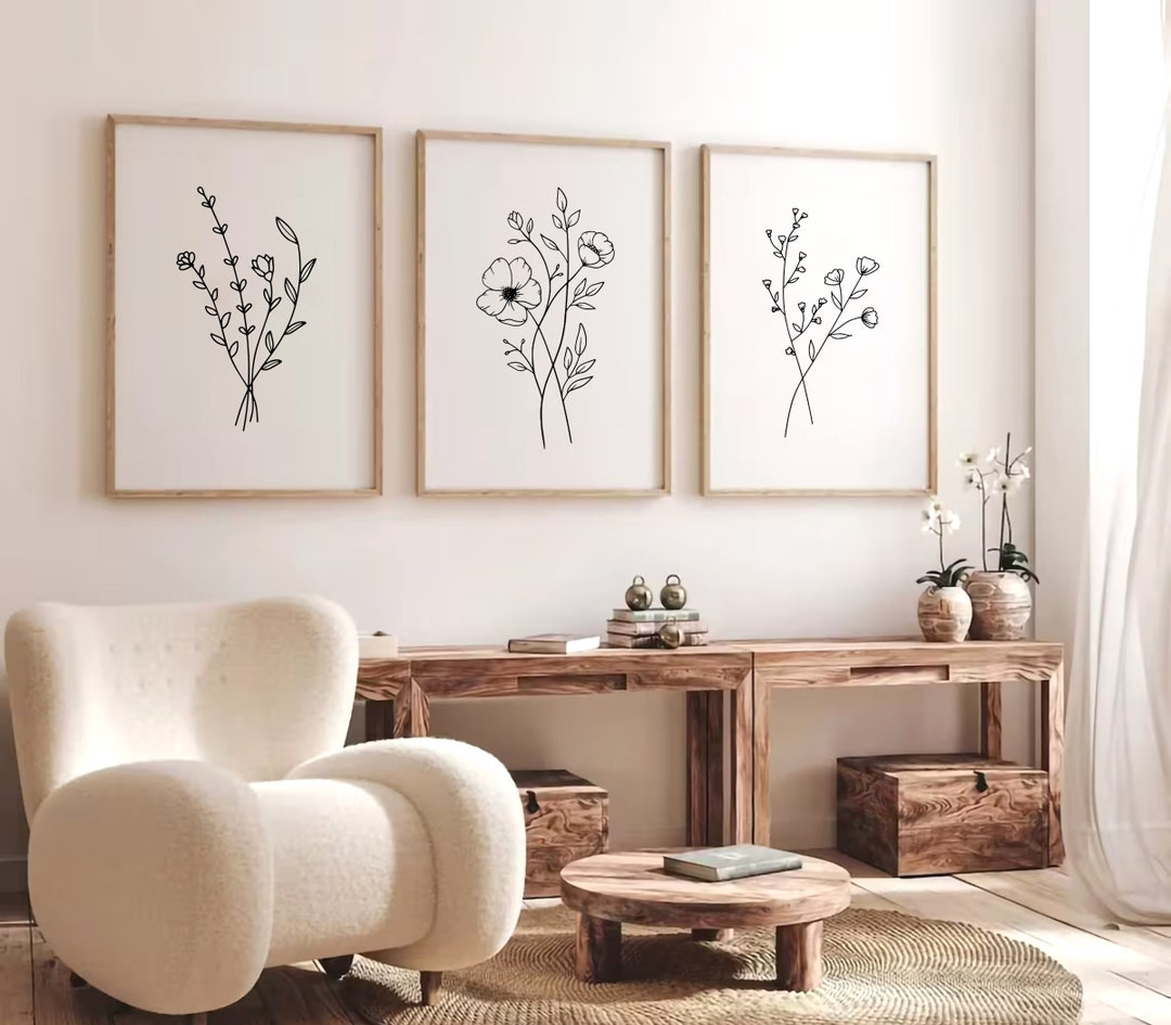 Minimalist Flower Line Art Prints: Set of 3 Botanical Wall Decor ...