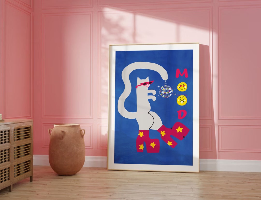Dancing Cat Disco Decor Groovy Poster, Preppy Room Decor, Mood Feelings ...