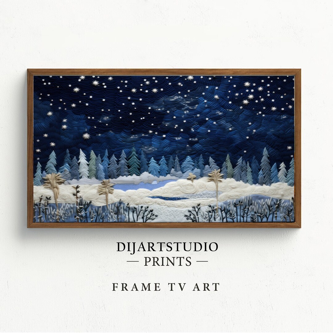 Embroidered Night Sky Frame TV Art: Pine Trees, Pastel Colors (digital ...