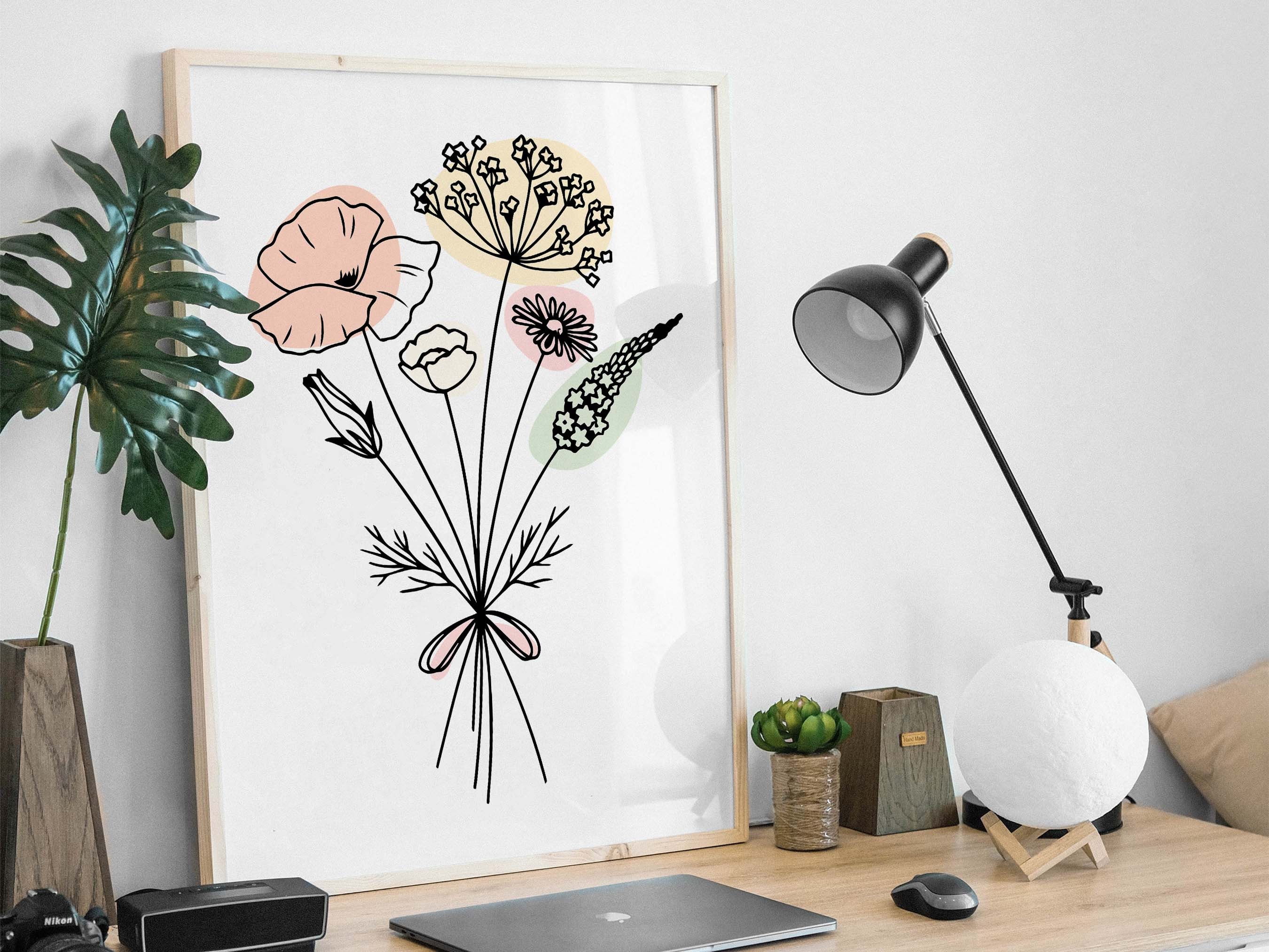 Flower Line Art Prints, Botanical Line Art, Printable Wall Art, Floral ...