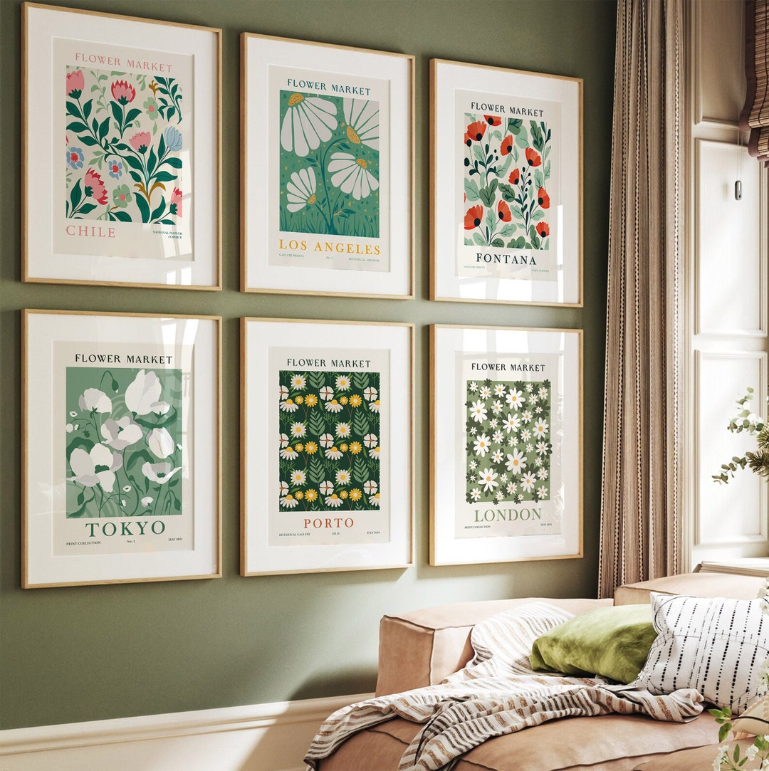 Sage Green Wall Prints, Set of 6 Flower Market Prints, Flower Market ...