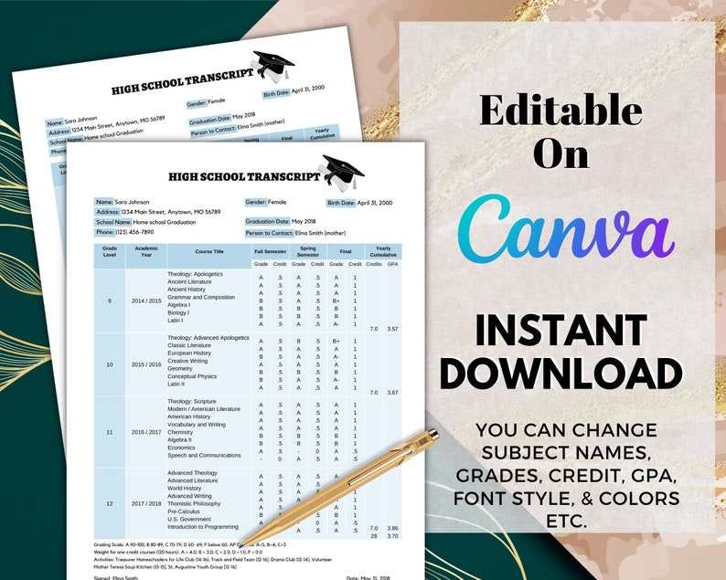 High School Transcript Template: DIY Certificate (digital Download) - Etsy