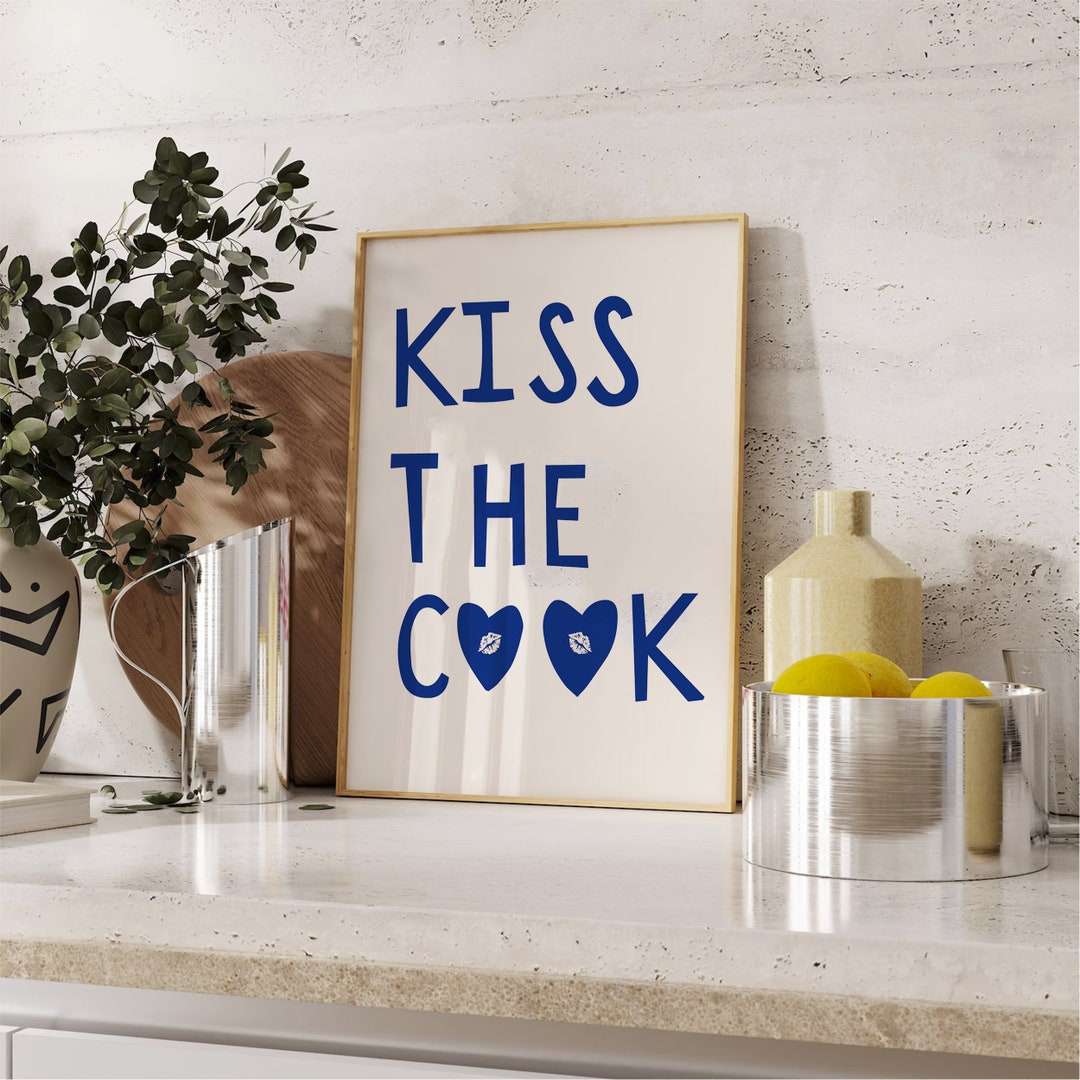 Kiss the Chef Print Blue Aesthetic Kitchen Decor Cute Cooking Art ...