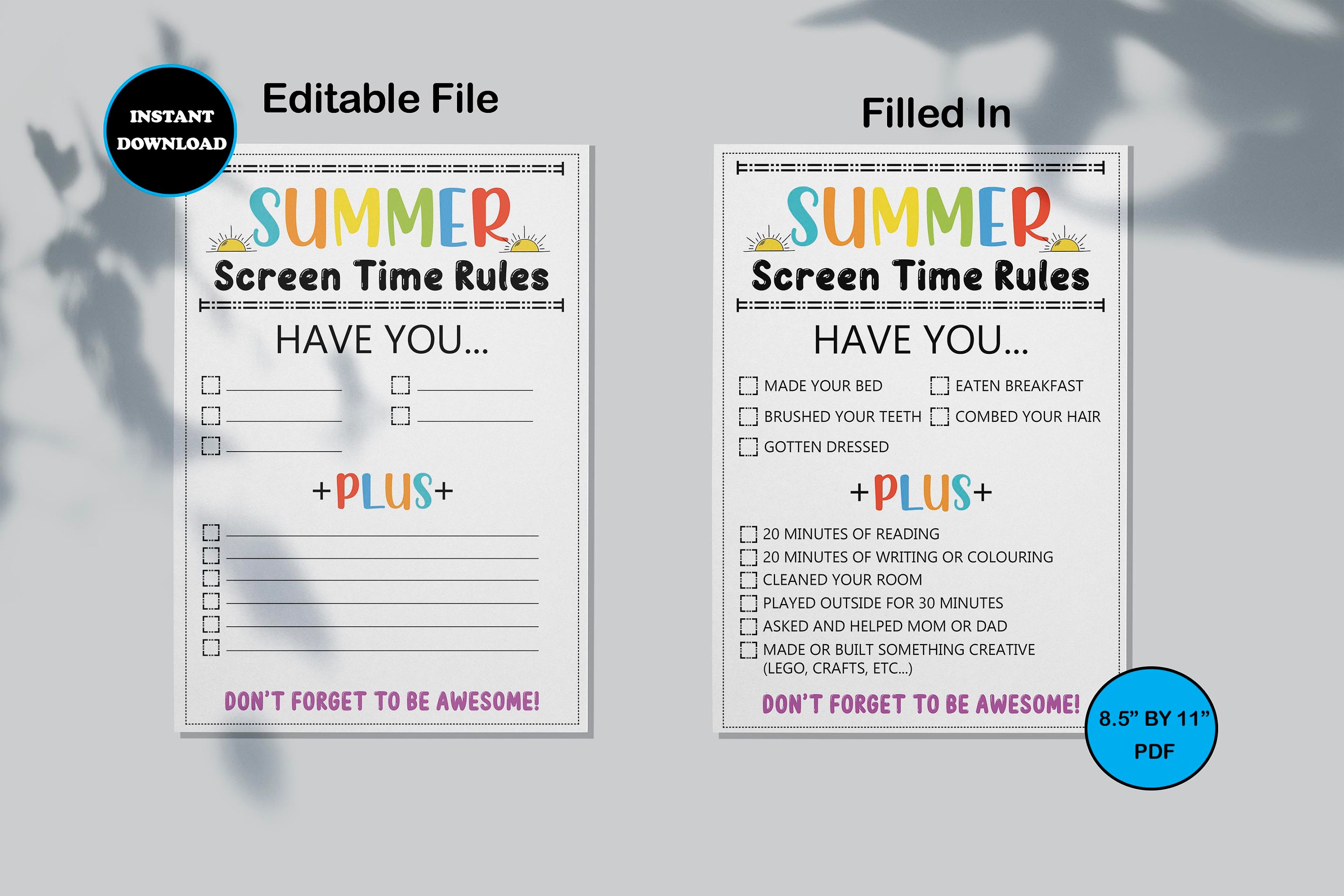 Summer Screen Time Checklist: Editable Chore Chart (digital Download ...