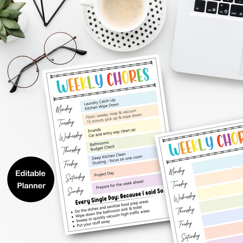 Weekly Chores Chart, Printable Editable Daily & Weekly Kids Chore ...