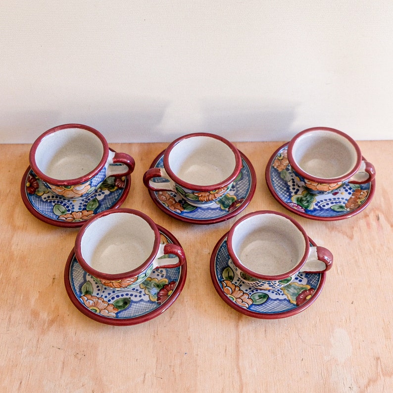 Set of 5 Handmade and Painted Ceramic Floral Mexican Cups and Saucers ...