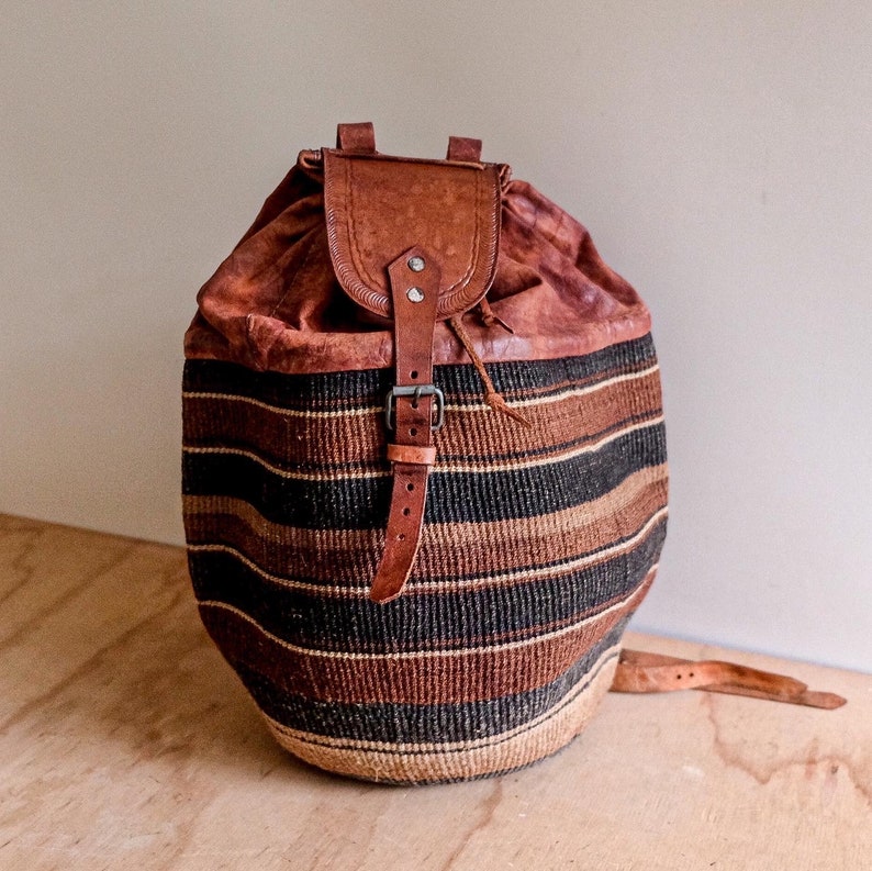 Handwoven African Kiondo Raffia/sisal and Leather Backpack/bucket Bag ...
