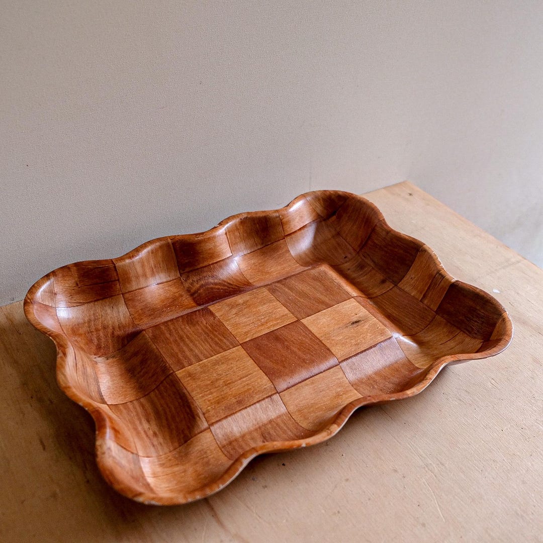 Vintage Bamboo Squiggle Edged/checkered Pattern/natural/wooden Bowl ...