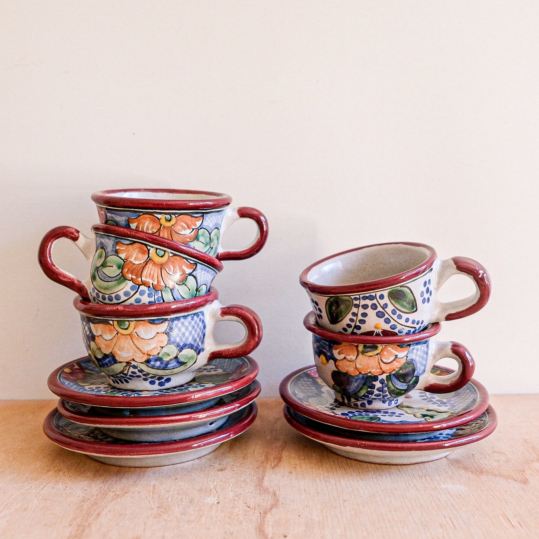 Set of 5 Handmade and Painted Ceramic Floral Mexican Cups and Saucers ...