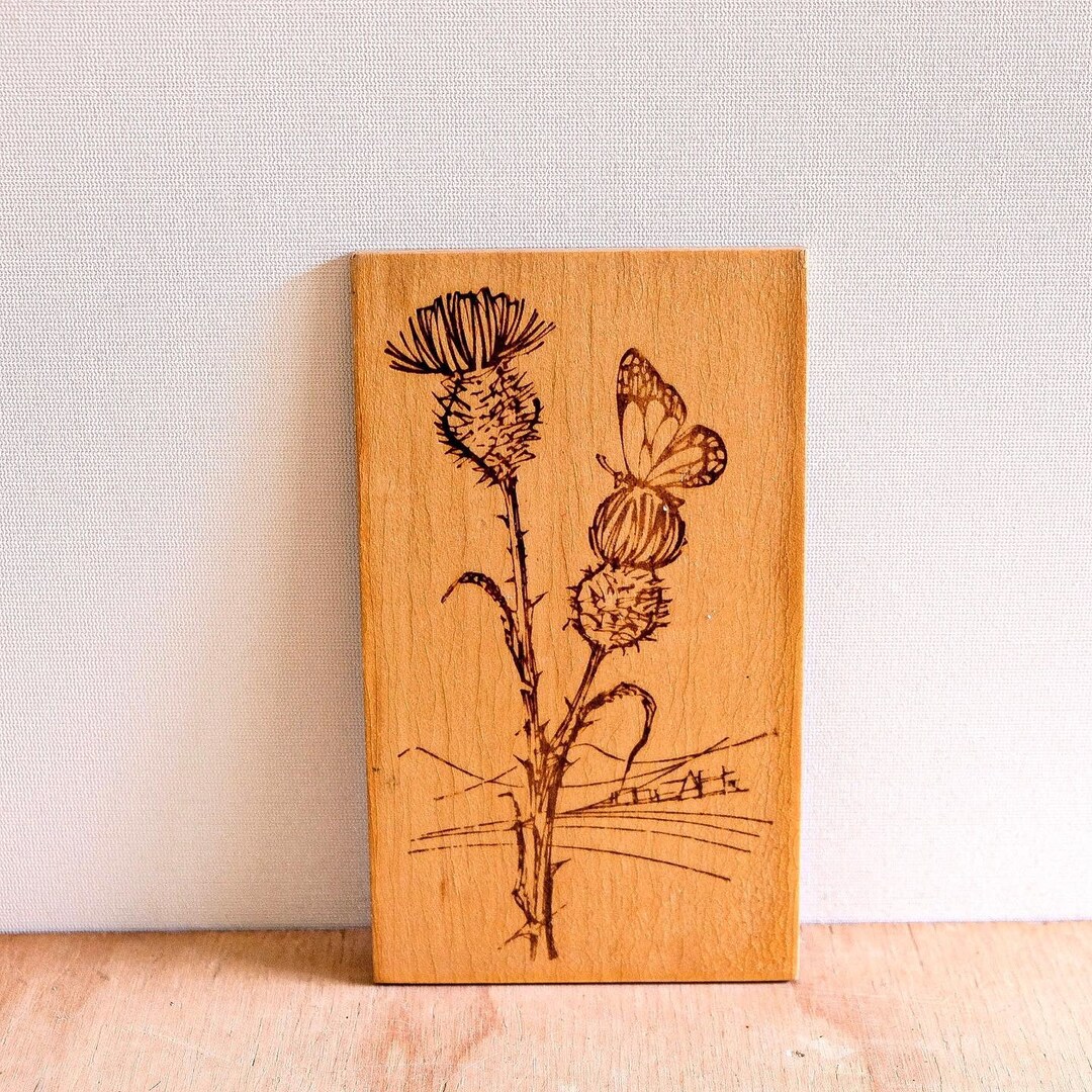Vintage Small Pyrography/wood Burned Wall Art With Flower and Butterfly ...