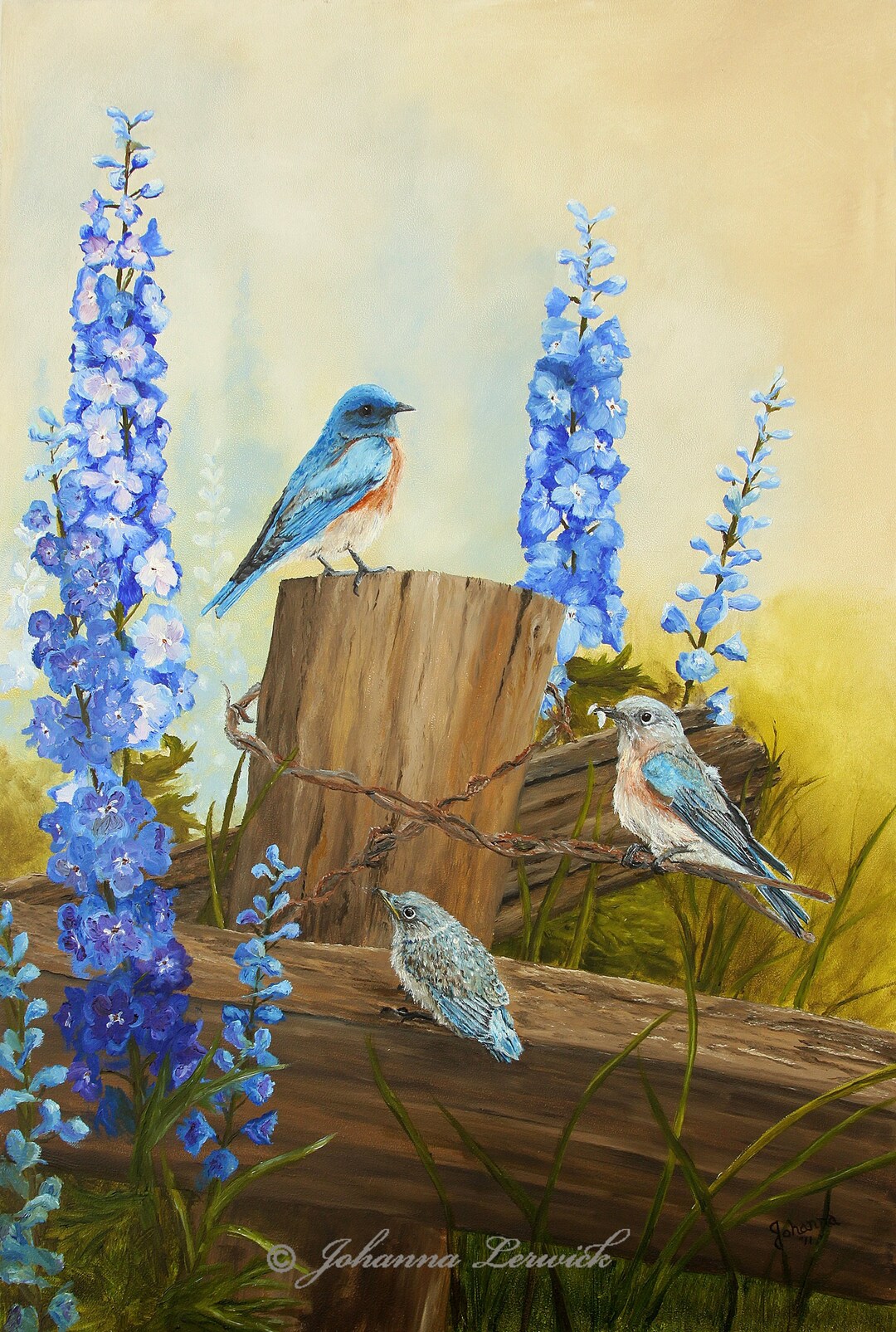Bluebird Family Giclée Canvas Print: Delphiniums, Nature Art - Etsy