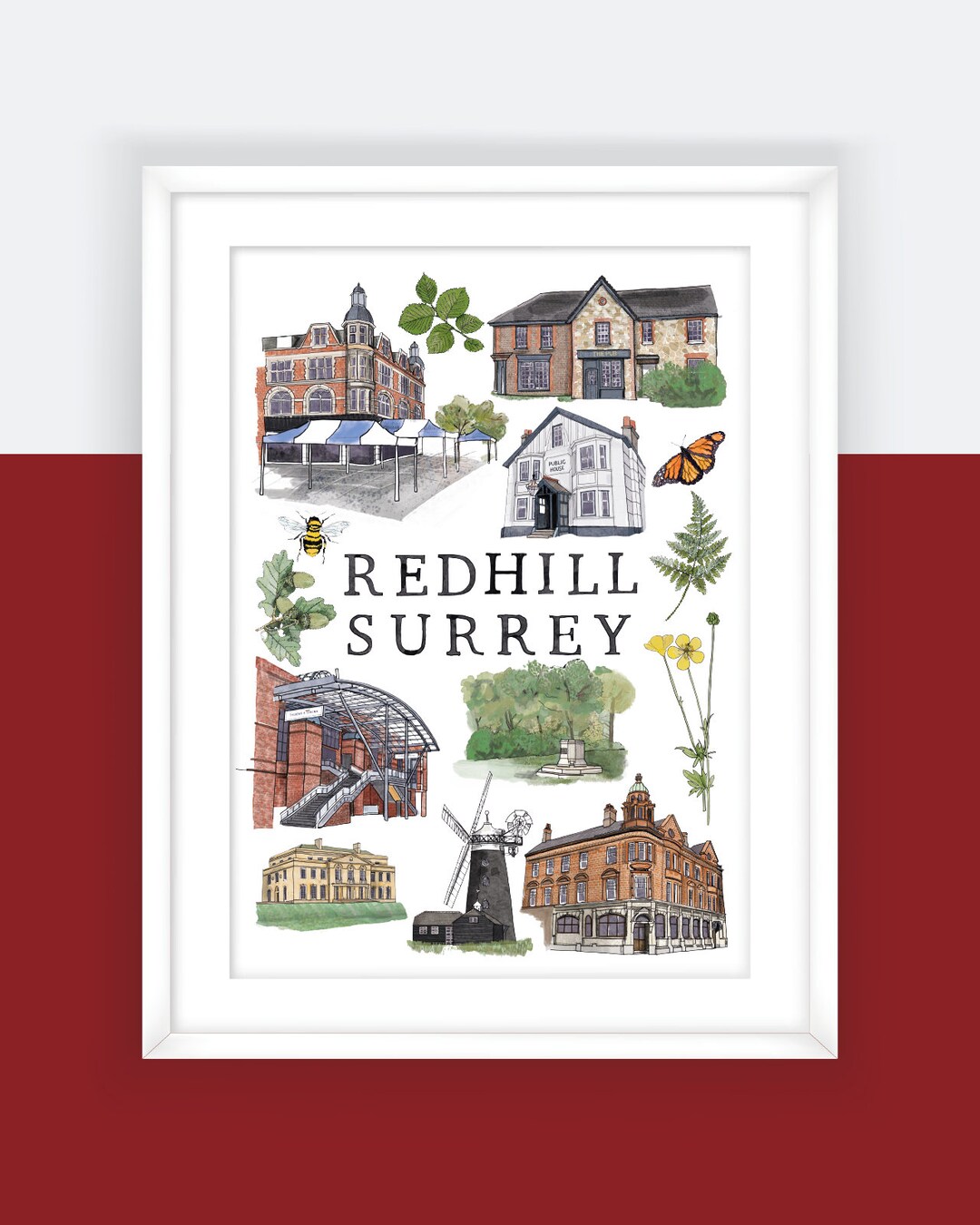 Surrey Art Print Redhill Surrey Map Surrey Sign A4 - Etsy
