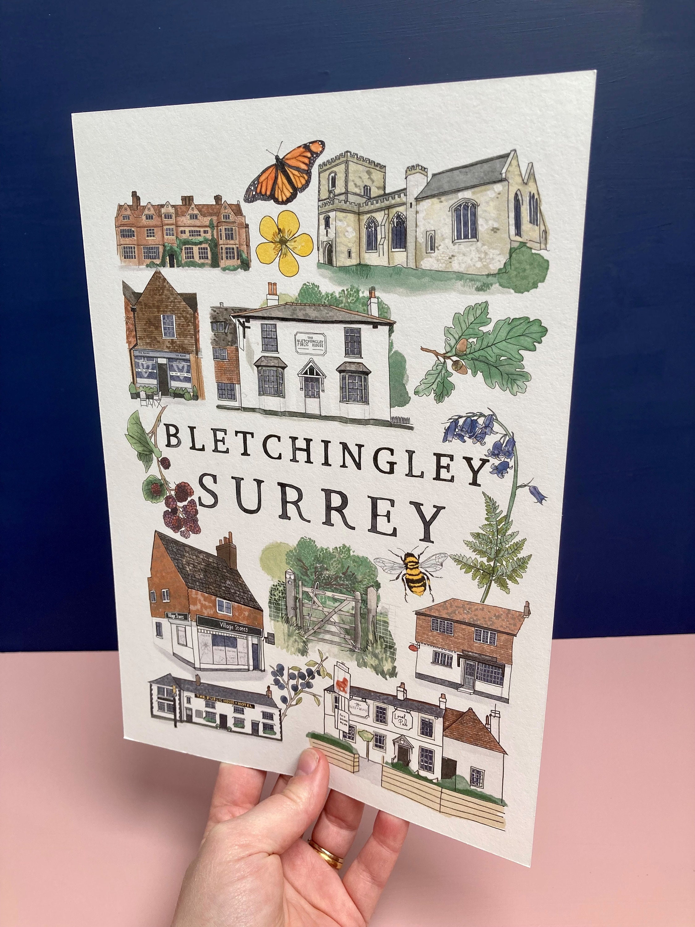 Surrey Art Surrey Map Bletchingley Surrey Village Art - Etsy
