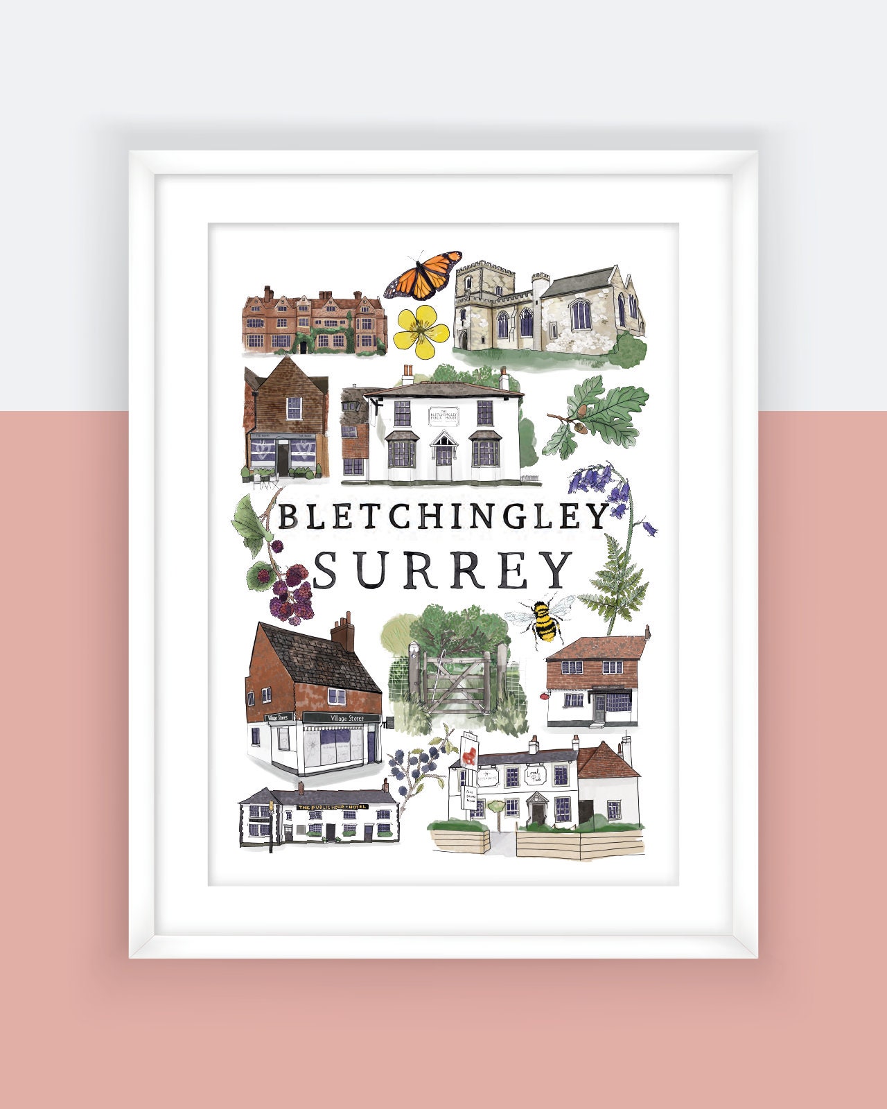 Surrey Art Surrey Map Bletchingley Surrey Village Art - Etsy