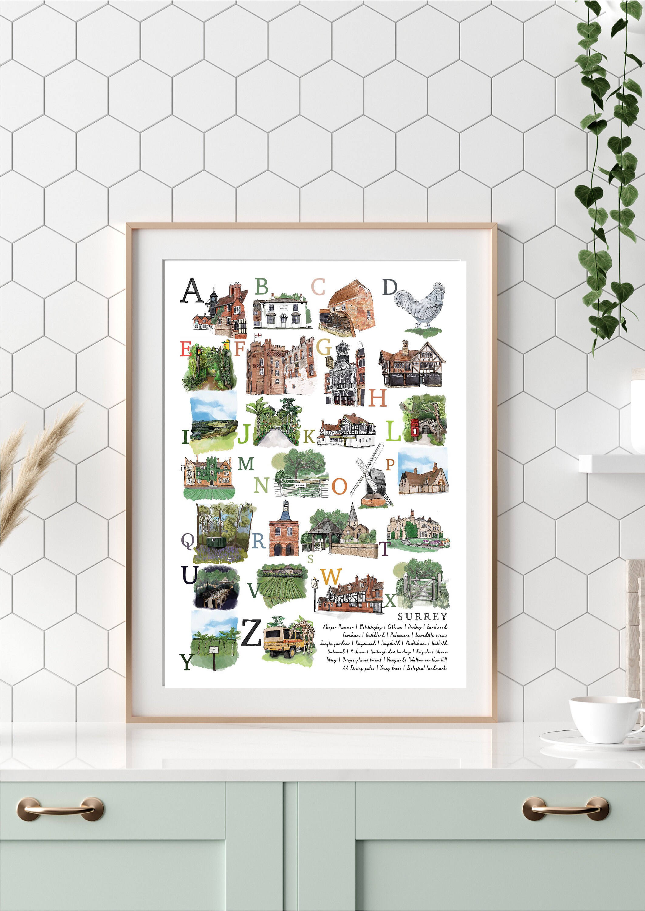 Surrey Art Surrey Map A-Z Surrey Landmarks and Places - Etsy UK