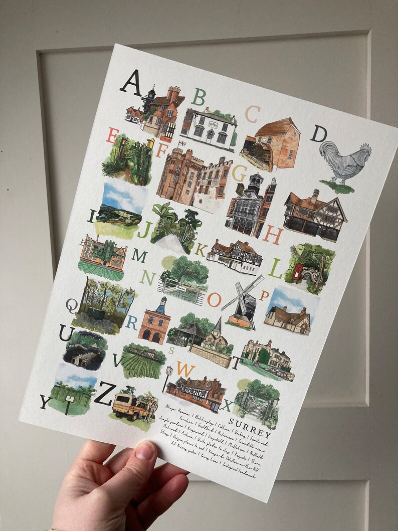 Surrey Art | Surrey Map | A-Z | Surrey Landmarks and Places | Art Print ...