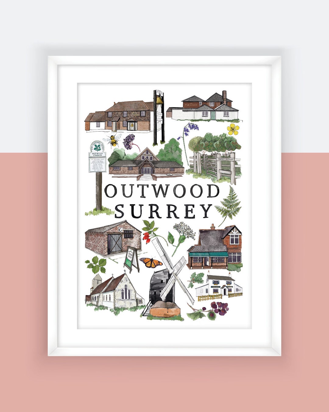 Surrey Art Surrey Map Outwood Surrey Village Art Print A4 Prints - Etsy