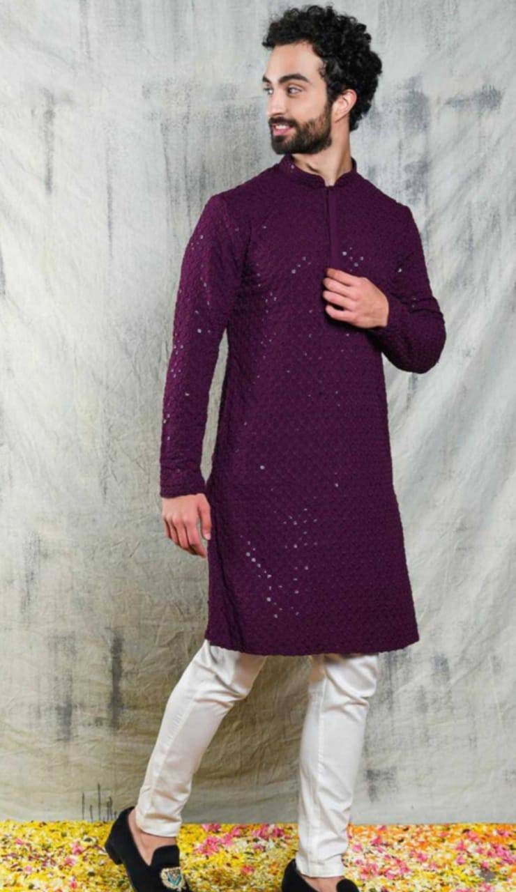 Mens Kurta,100% Georgette Parpal Color Kurta/ Mens Kurta, Handmade ...