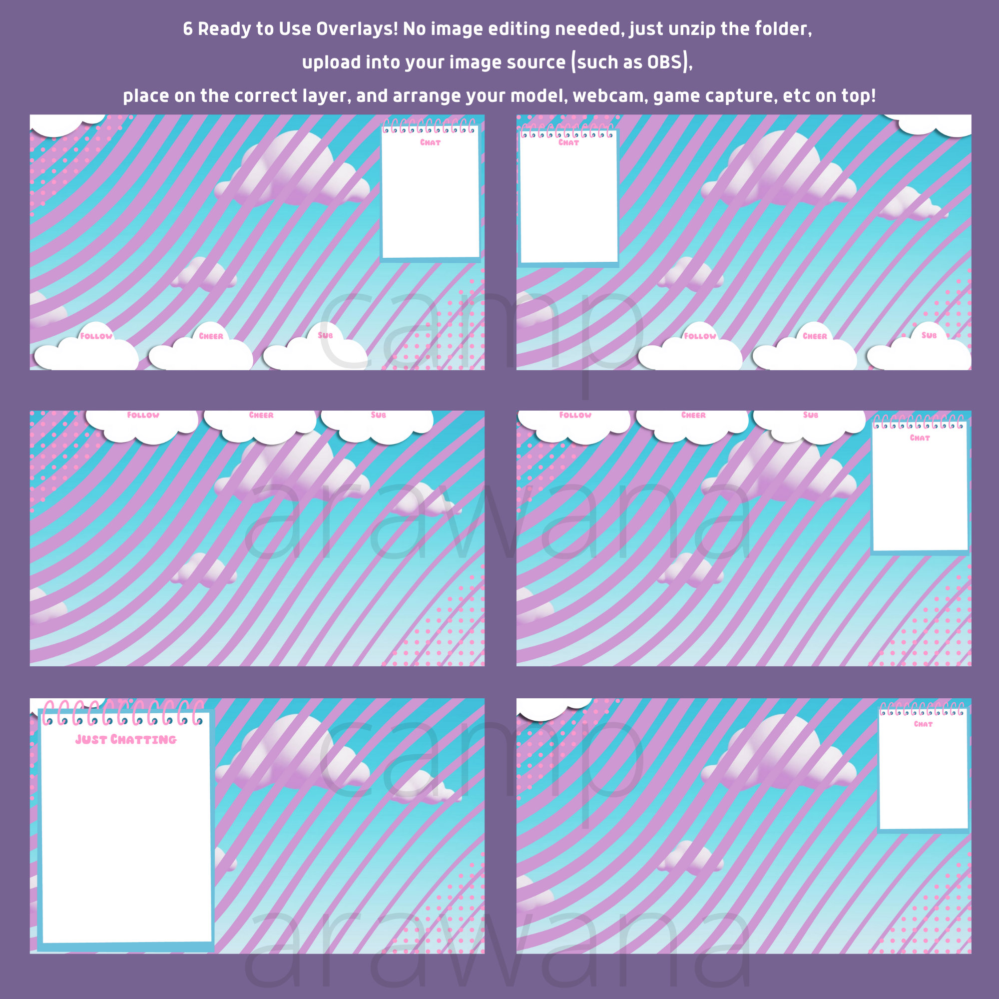 Cotton Candy Cloud Overlays 6 Pack Ready to Use Webcam and Vtuber ...