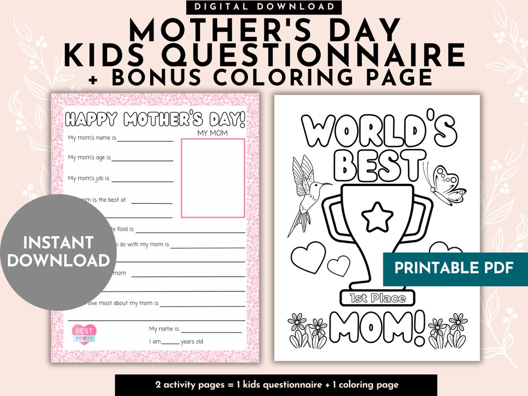 Mother's Day Questionnaire and Coloring Page for Kids - Etsy