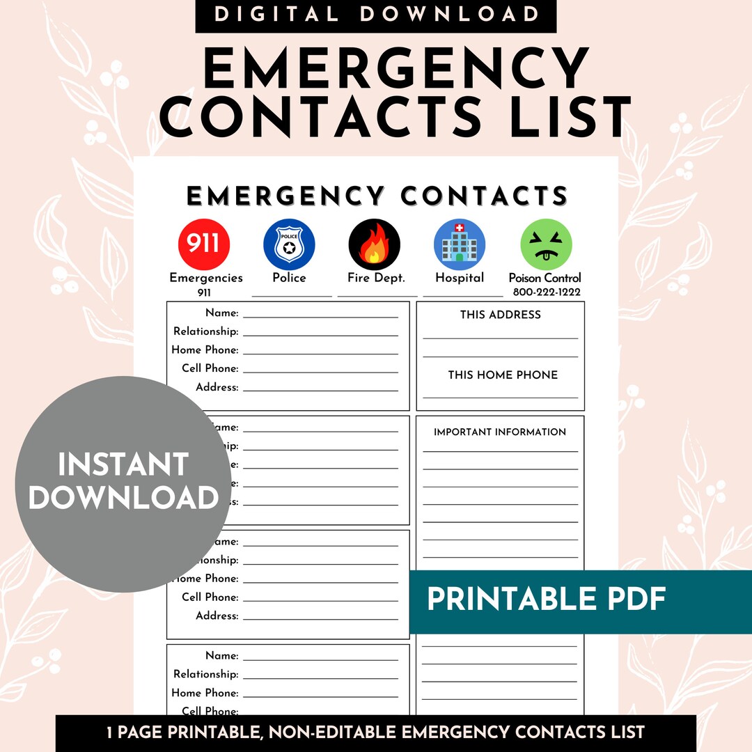 Emergency Contacts List Editable Printable PDF - Etsy