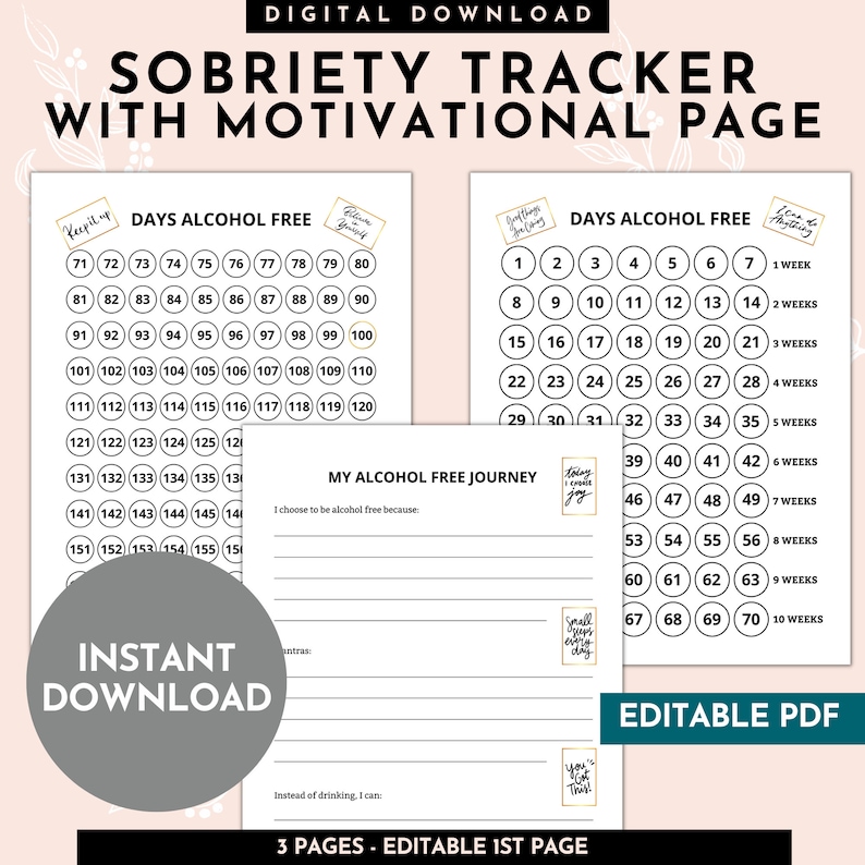 Sobriety Tracker Printable Sheets + Motivational Page - Etsy