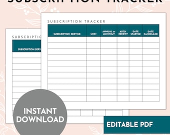 Bills and Subscription Tracker Printable | Instant Download PDF ...