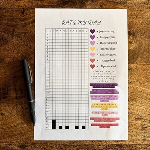 Rate My Day Tracker - Year in Pixels - Printable Daily Mood Tracker ...