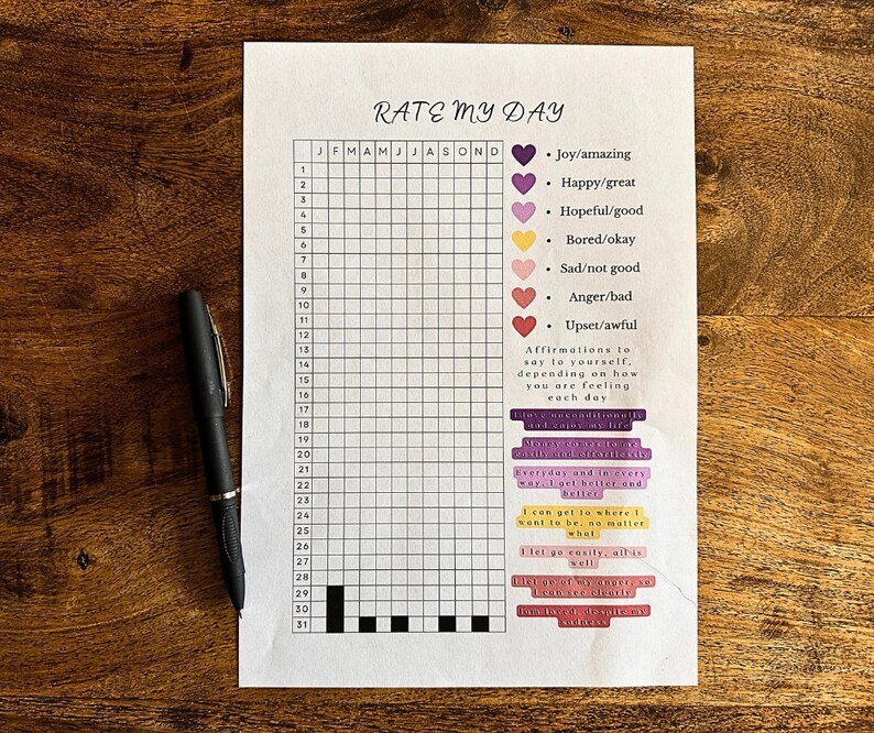 Rate My Day Tracker - Year in Pixels - Printable Daily Mood Tracker ...