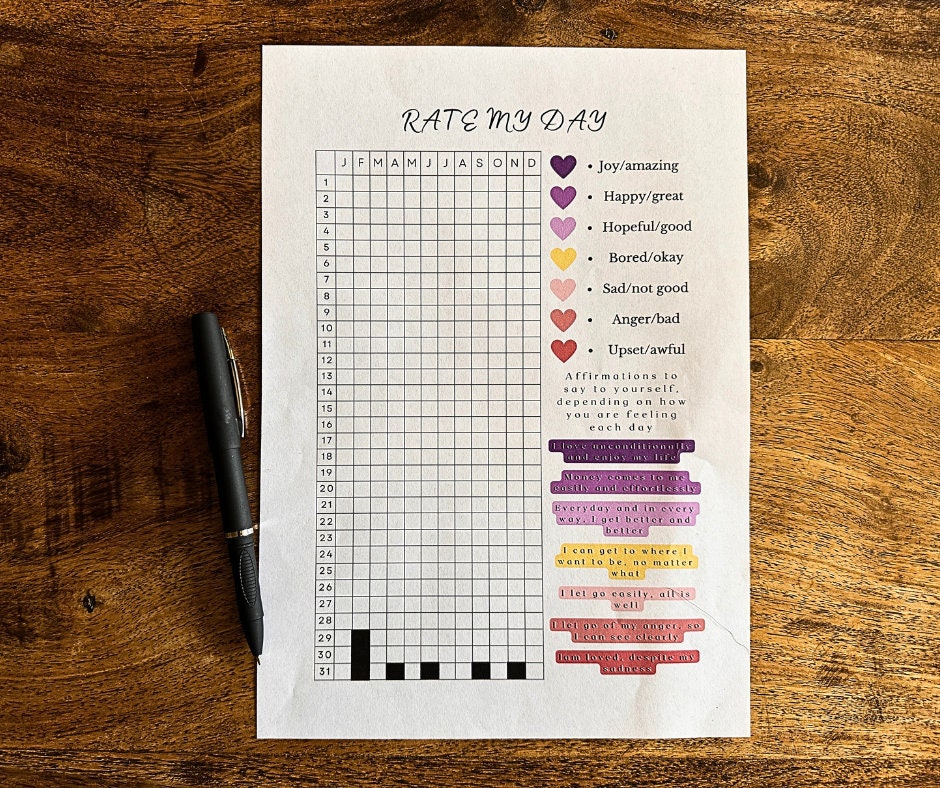 Rate My Day Tracker - Year in Pixels - Printable Daily Mood Tracker ...