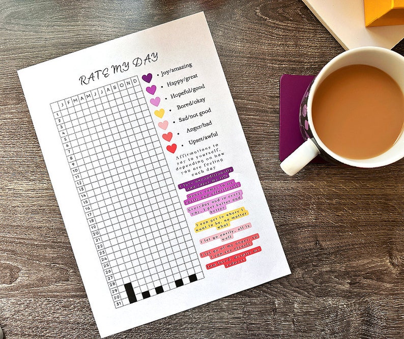 Rate My Day Tracker - Year in Pixels - Printable Daily Mood Tracker ...