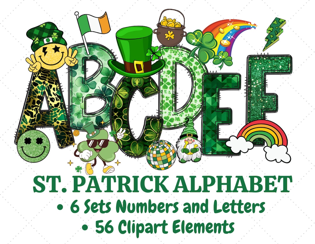 St. Patrick Doodle Alphabet Bundle, Lucky PNG Letters, Numbers ...