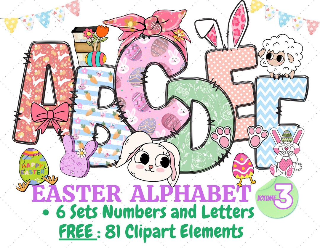 Easter Doodle Alphabet Bundle, Letters With Clipart PNG Letters ...