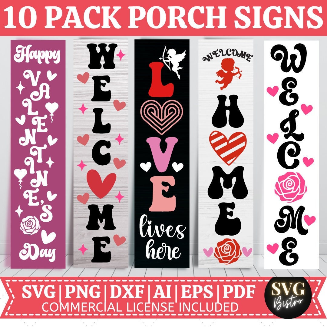 Valentine Porch Sign SVG Bundle Welcome Sign SVG Bundle Vertical Signs ...