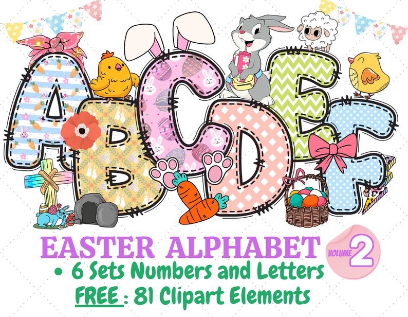 Easter Doodle Alphabet Bundle, Letters With Clipart PNG Letters ...