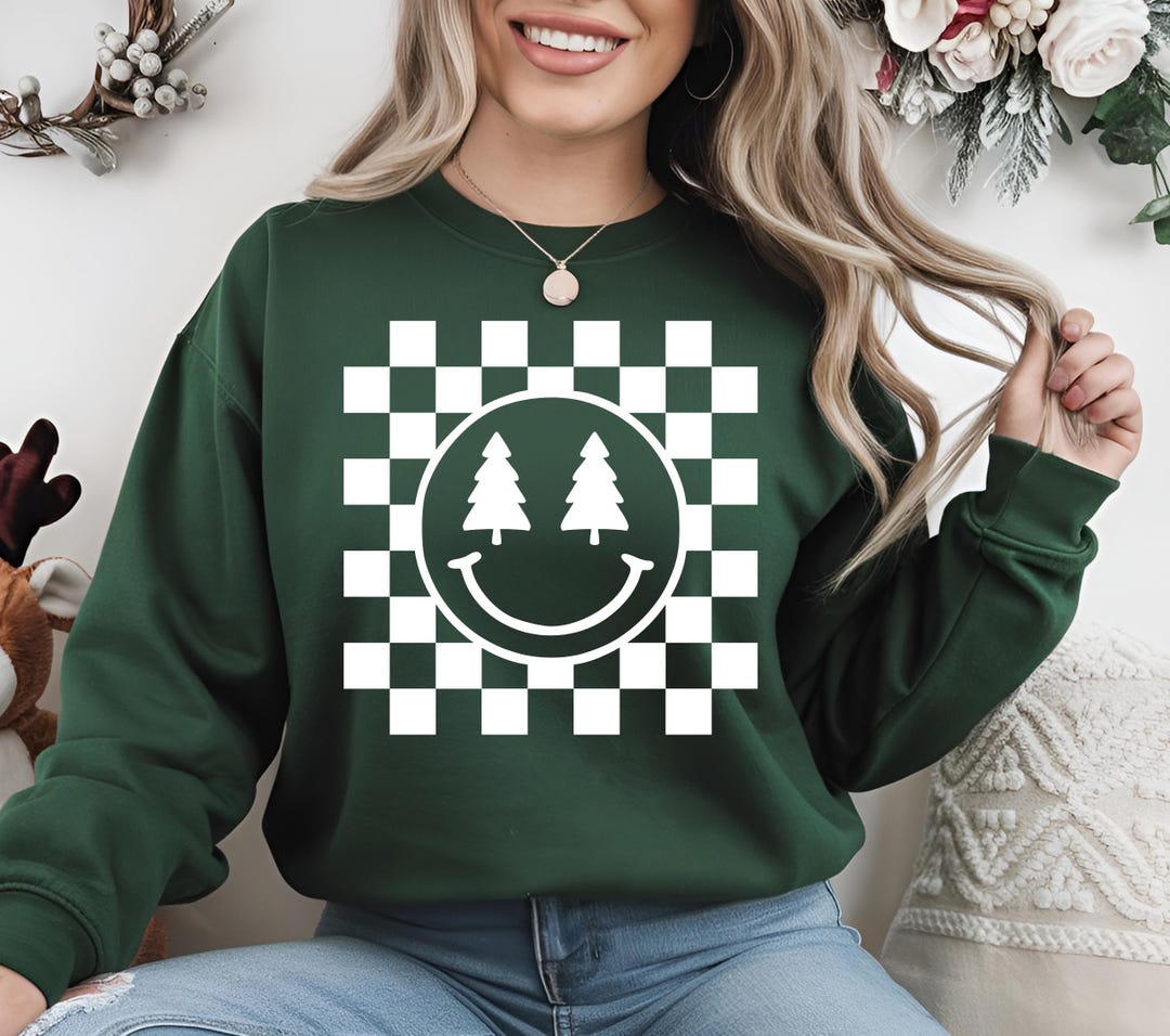 Checkered Smiley Face Christmas Tree SVG, Trendy Christmas Happy Face ...