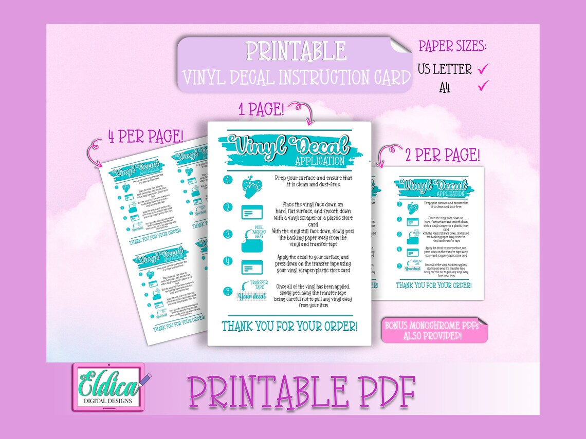 Printable Vinyl Decal Care Card Instructions, Decal Application Order Card, DIY Sticker ...