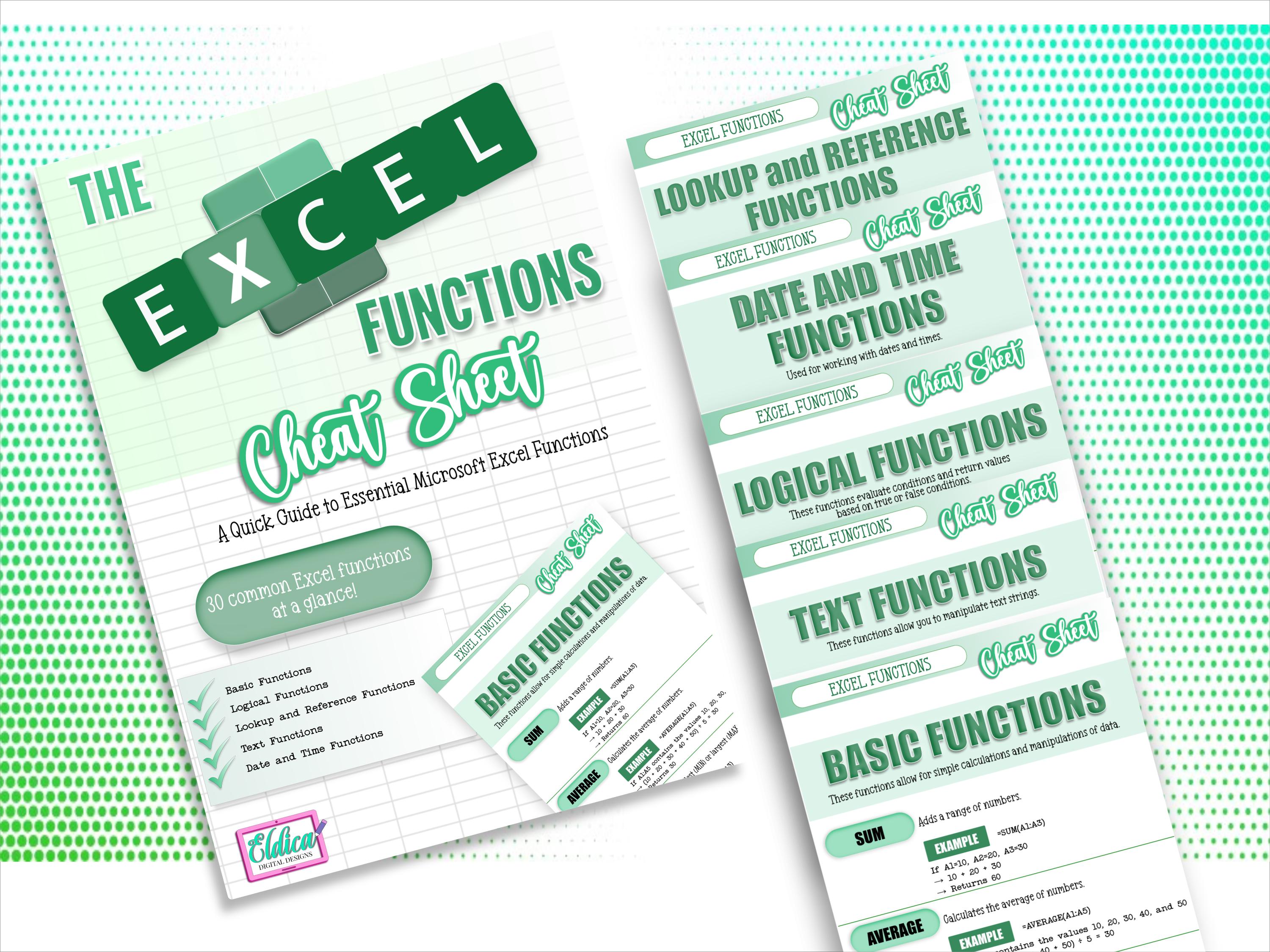Microsoft Excel Cheat Sheet, Excel Formulas Guide, Printable Excel, Personal and Business ...