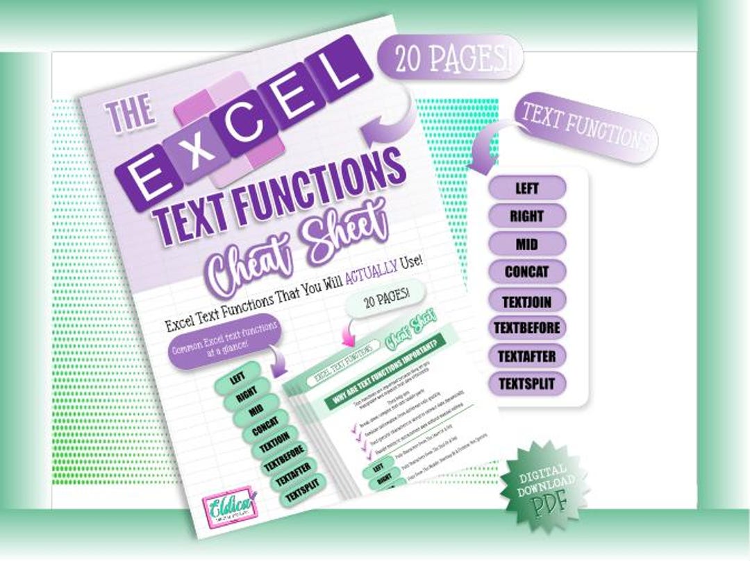 Microsoft Text Functions Cheat Sheet, Excel Text, Printable Excel, Personal and Business Finance ...
