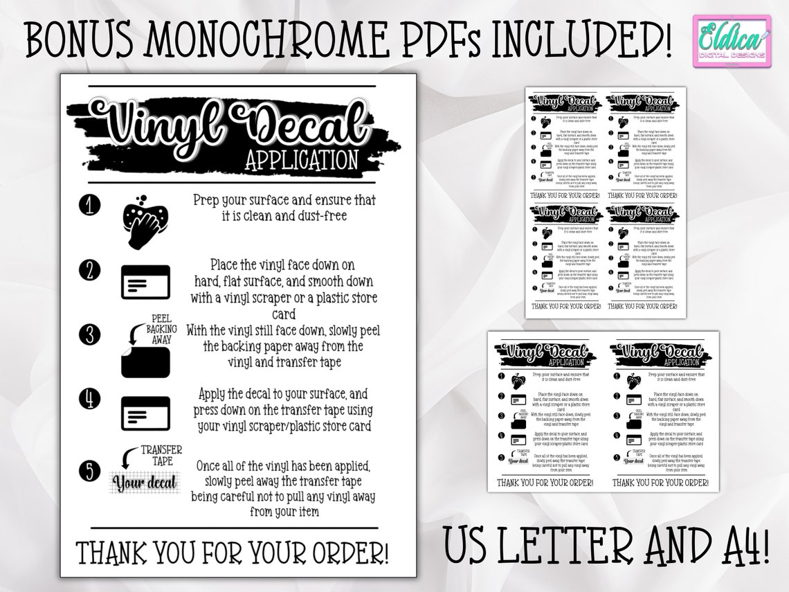 Printable Vinyl Decal Care Card Instructions, Decal Application Order Card, DIY Sticker ...