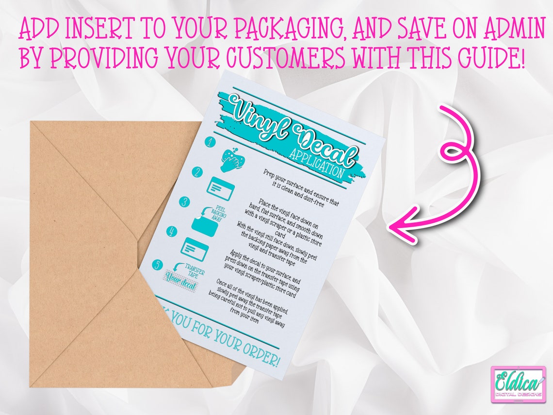 Printable Vinyl Decal Care Card Instructions, Decal Application Order Card, DIY Sticker ...