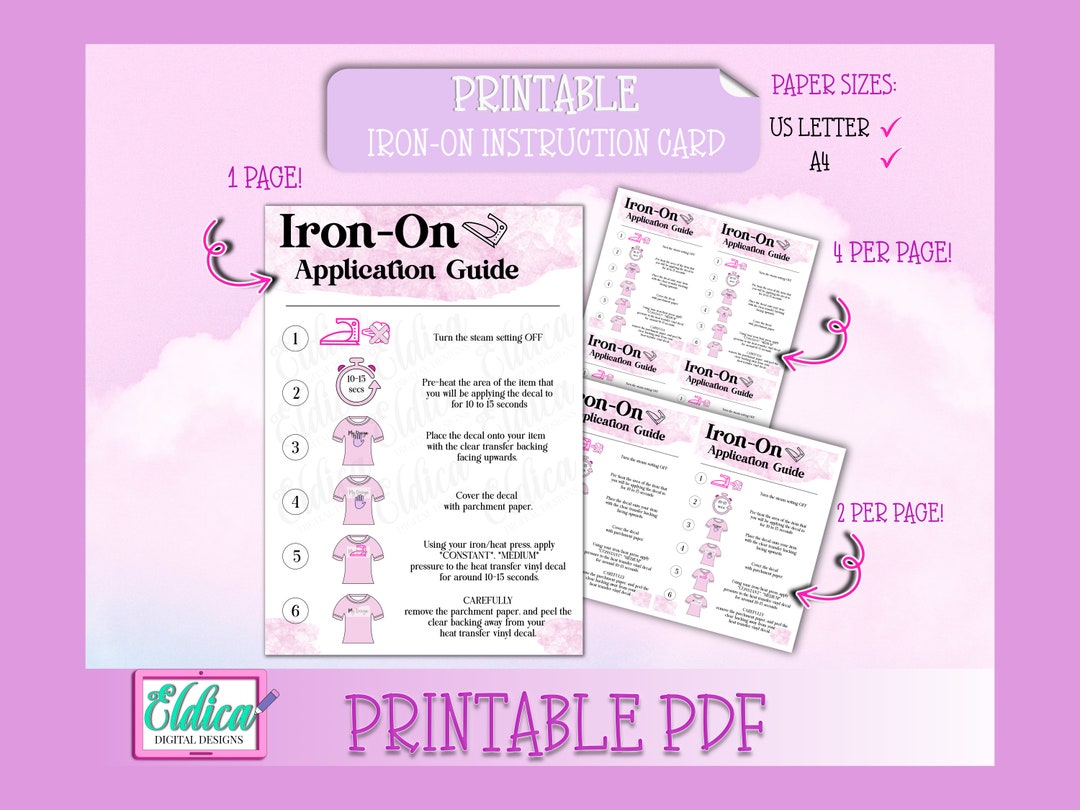 Printable Iron-on Instructions, HTV Decal Application Order Card, DIY ...