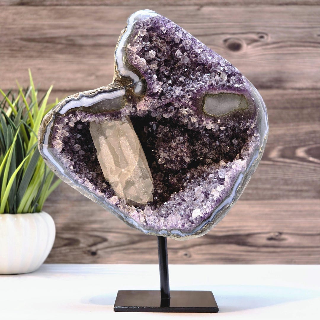 Rare Amethyst Geode With Calcite – Uruguayan Crystal Cluster on Stand ...