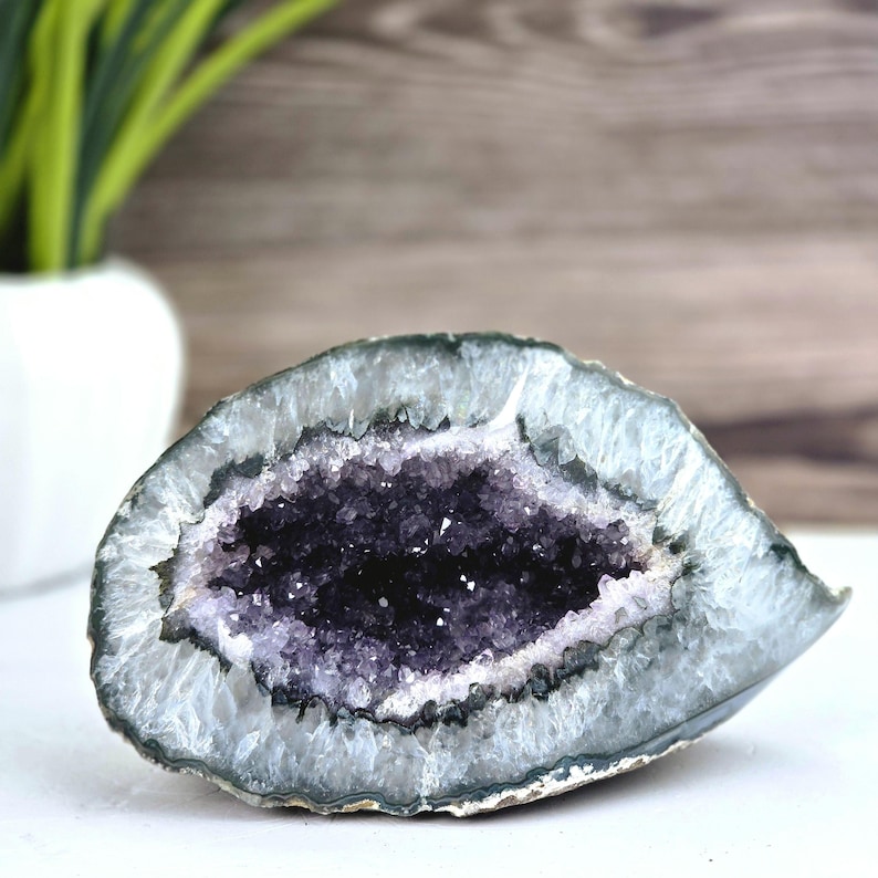 Natural Light Amethyst Geode With Green Agate Band and Quartz Border ...