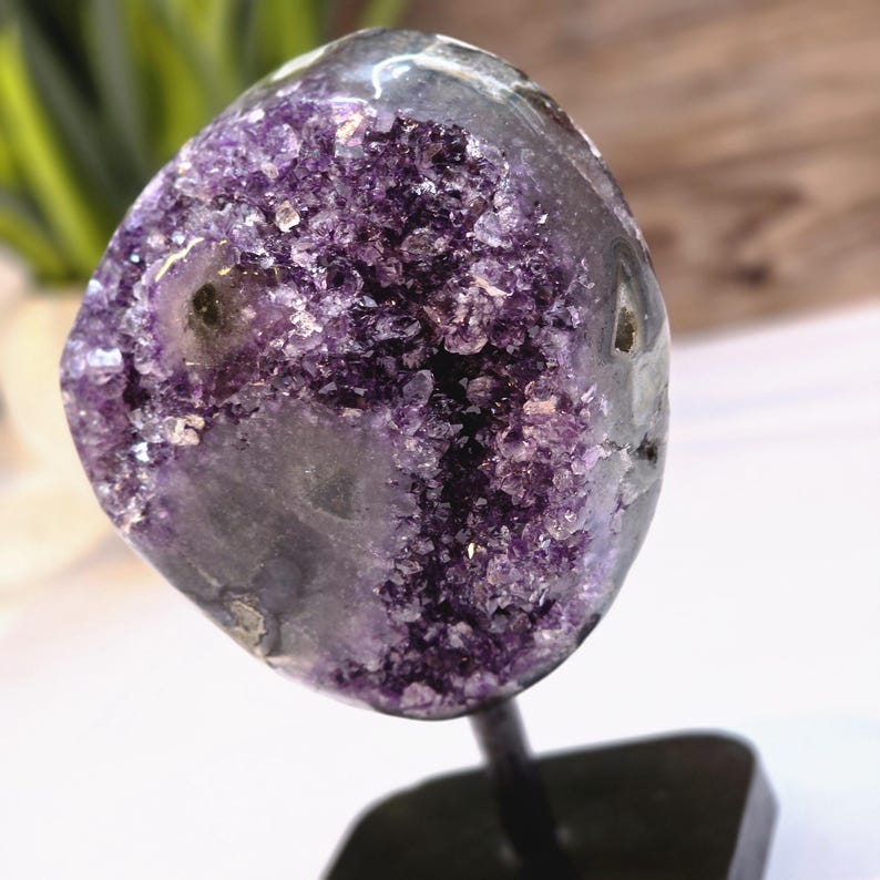 Round Amethyst Geode on Stand – Calming Crystal for Meditation & Decor ...