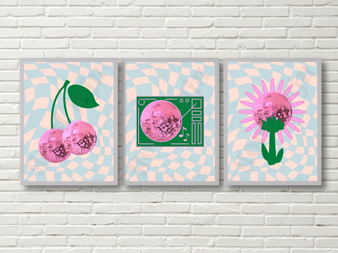 Disco Ball Checkerboard Aesthetic Wall Prints - Set of 3 - Disco ...