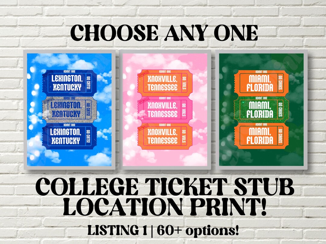 Choose One Ticket Stub Location Print - College Towns & US Cities ...