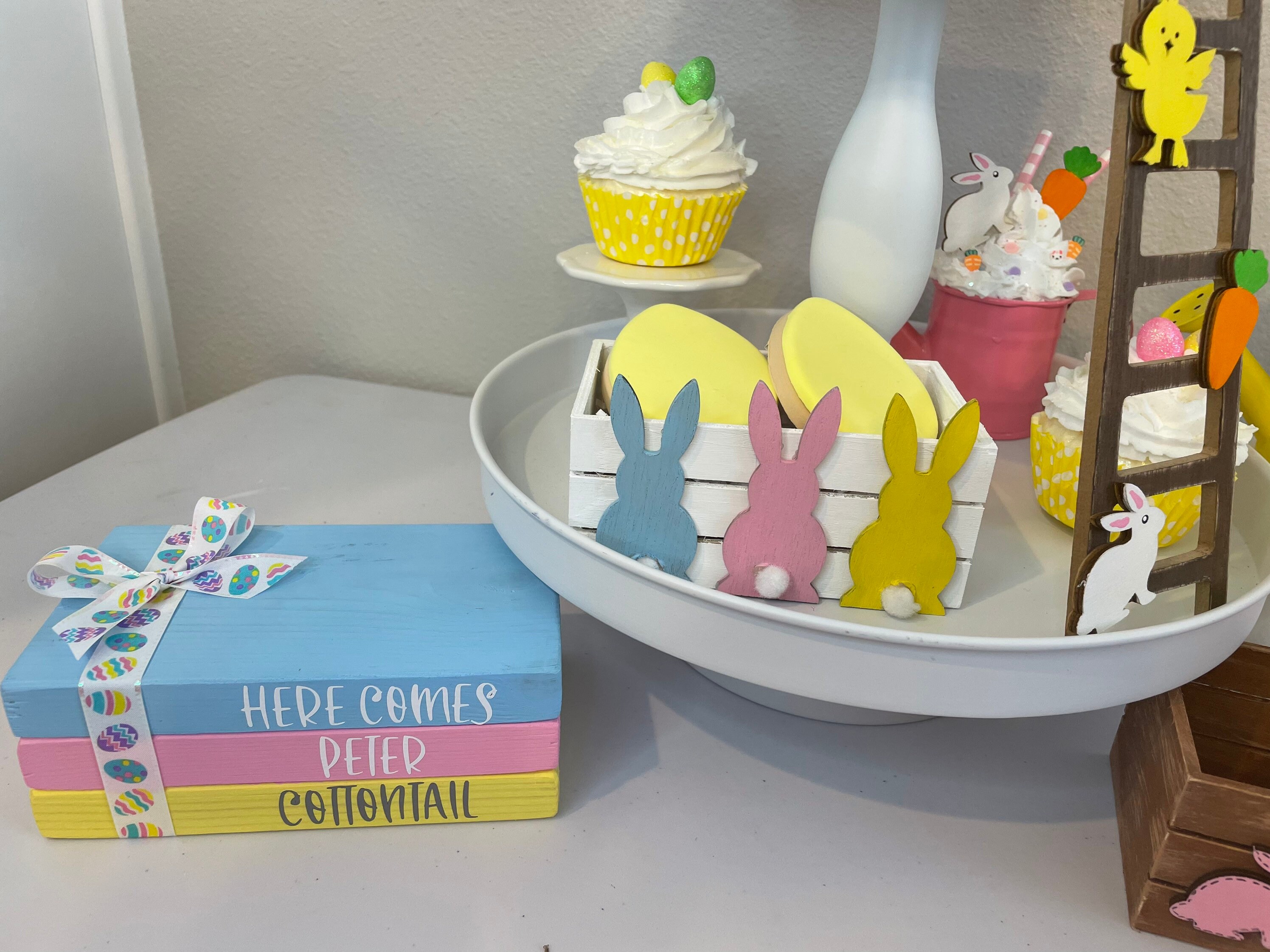 Easter/spring Tier Tray Mini Crate With 3 Bunnies Blue, Pink and Yellow ...